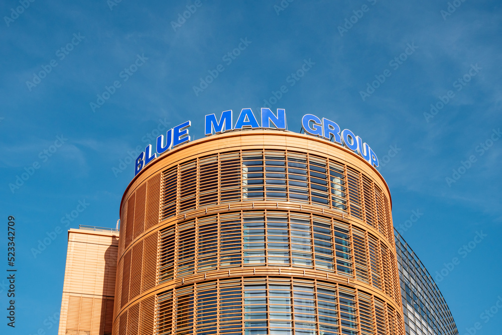 BERLIN, GERMANY - 24. July 2022: Blue Man Group lettering on top of a ...