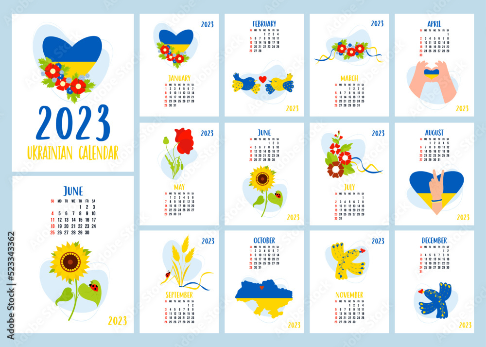 Calendar template 2023 with Ukrainian symbols, flowers, birds and ...