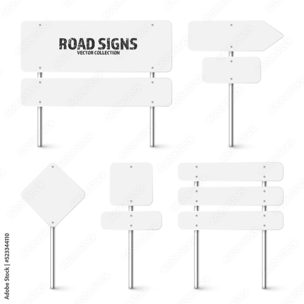 Various road, traffic signs. Highway signboard on a chrome metal pole ...