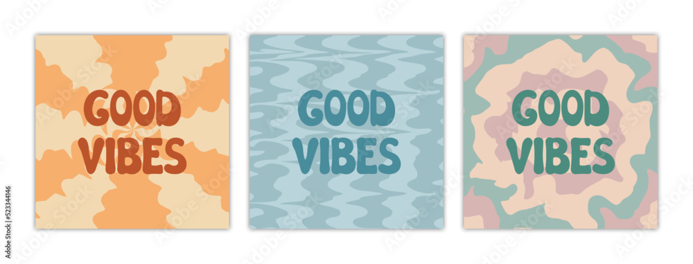 Good Vibes groovy lettering set. Vector illustration of slogan in ...