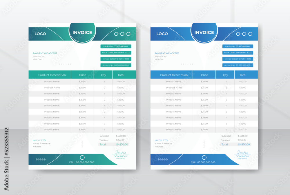 Corporate and modern invoice template layout design, payment agreement ...