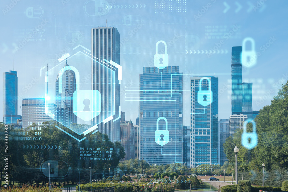Chicago skyline from Butler Field towards financial district ...