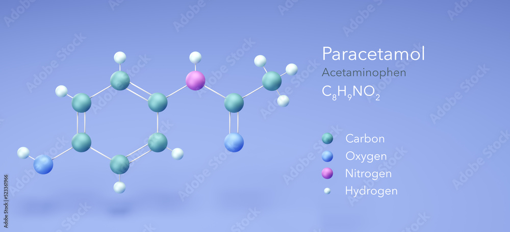 paracetamol, acetaminophen, molecular structures, 3d rendering ...