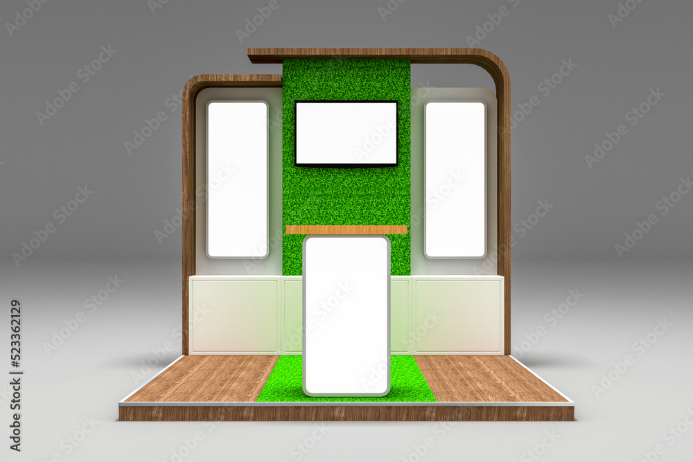 3d illustration stand booth wood grass construction decoration with ...