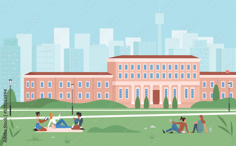 University or college campus building and park vector illustration ...