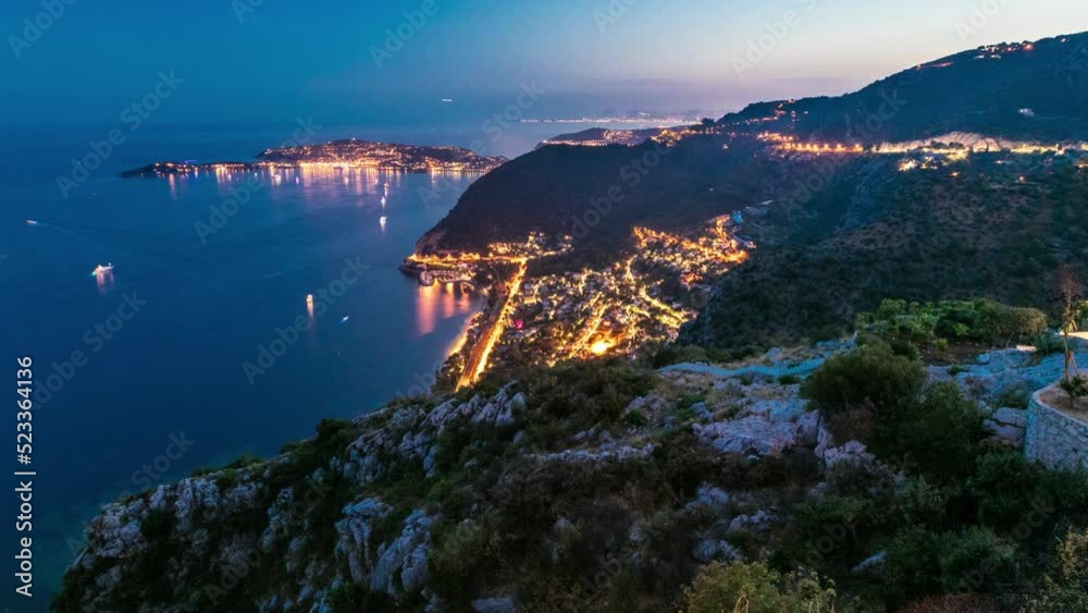 Day to night transition timelapse panoramic view of the Mediterranean ...