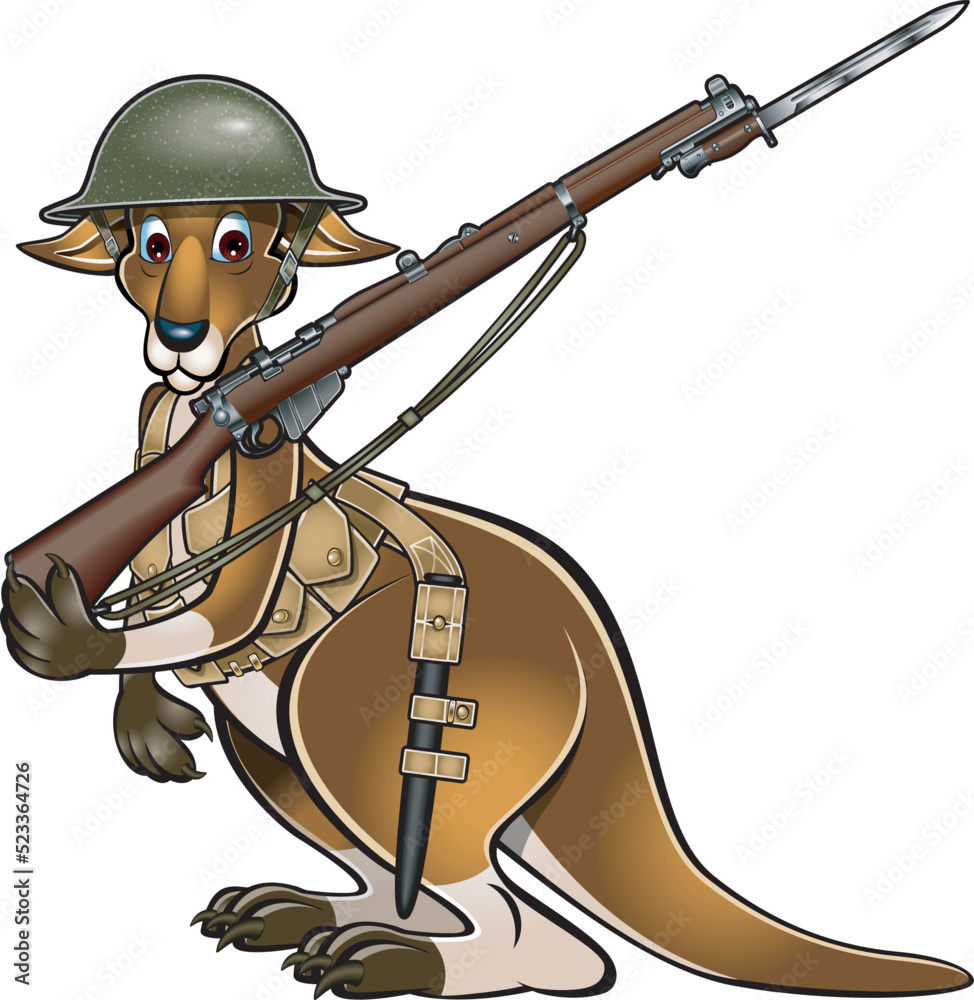 Cartoon style kangaroo wearing steel helmet and shouldering rifle med ...