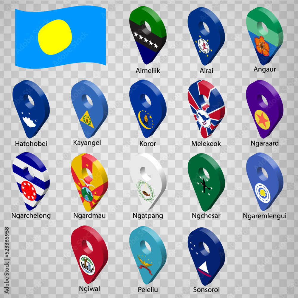 Sixteen flags the States of Palau - alphabetical order with name. Set ...