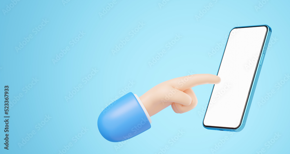 3D hand touch mobile phone icon. Businessman wearing suit using ...