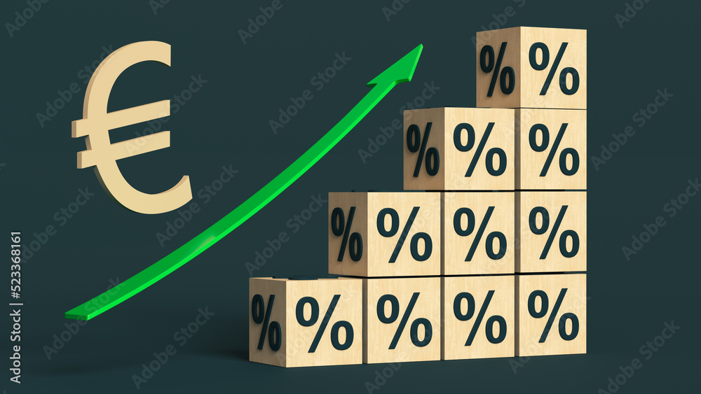 Euro symbol rises up a green arrow above a pyramid of wooden cubes with ...