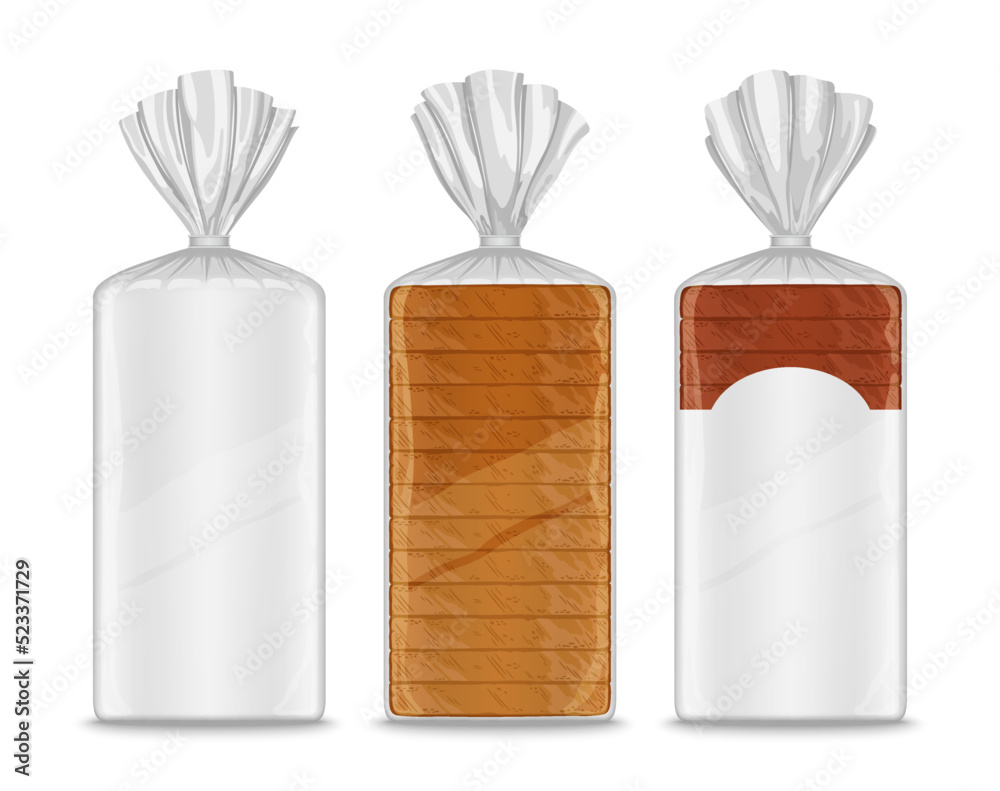 Vector bread packaging illustration, transparent plastic bag mockup ...