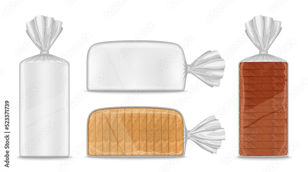 Vector bread packaging illustration, transparent plastic bag mockup ...