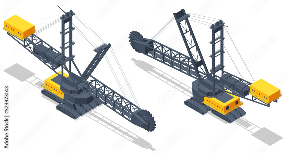 Isometric Bucket-wheel excavator. BWE, continuous digging machine in ... Isometric Bucket-wheel excavator. BWE, continuous digging machine in ...