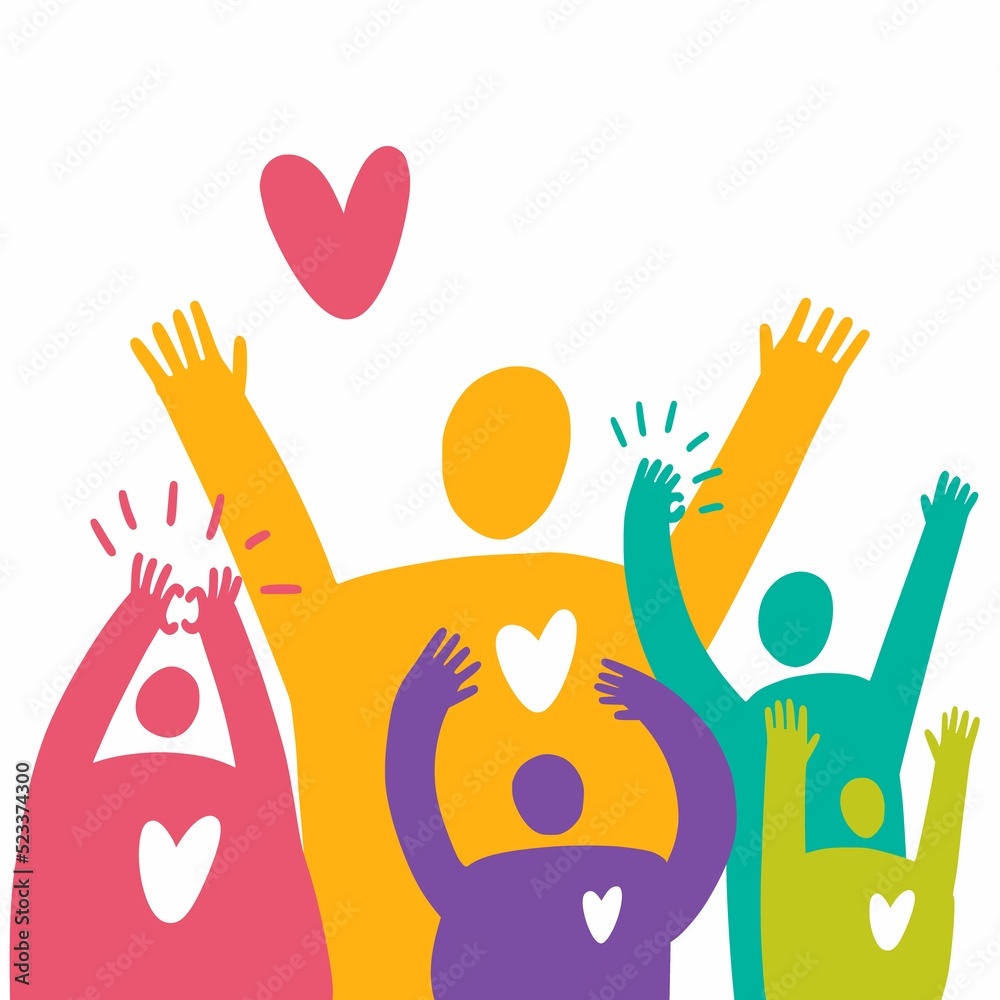 A group of happy people with their hands raised to the top. Vector ...