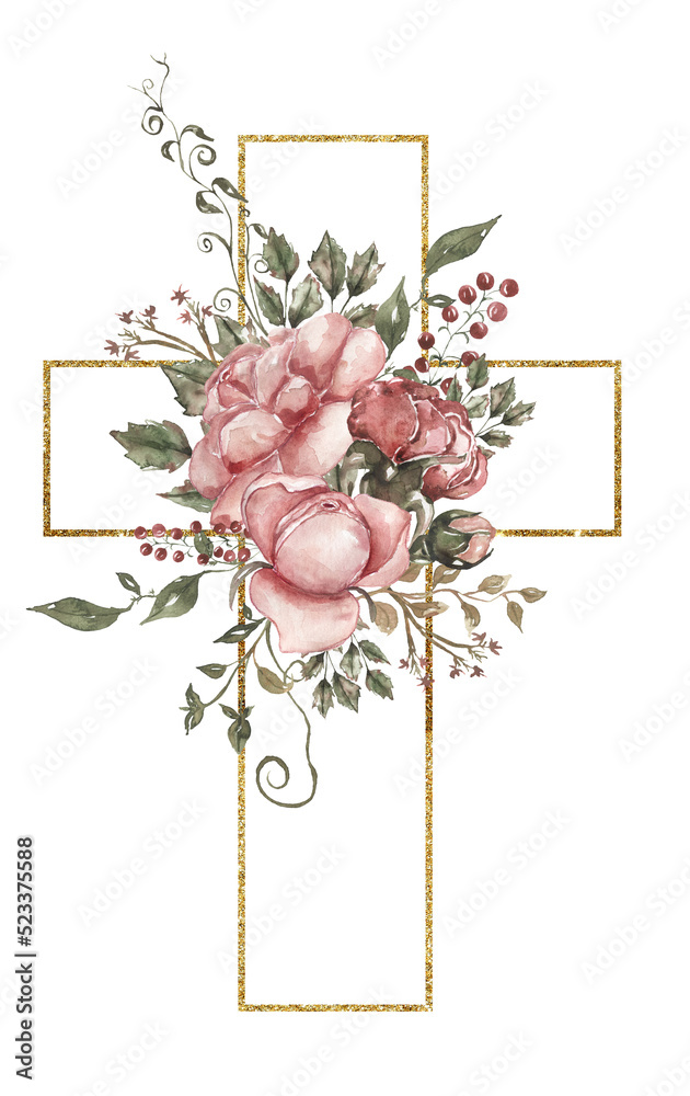 Watercolor hand painted floral cross with golden frame clipart, Easter Religious illustration ...