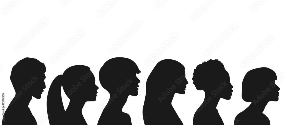 Collage Silhouette group of people profiles. Group side silhouette men ...