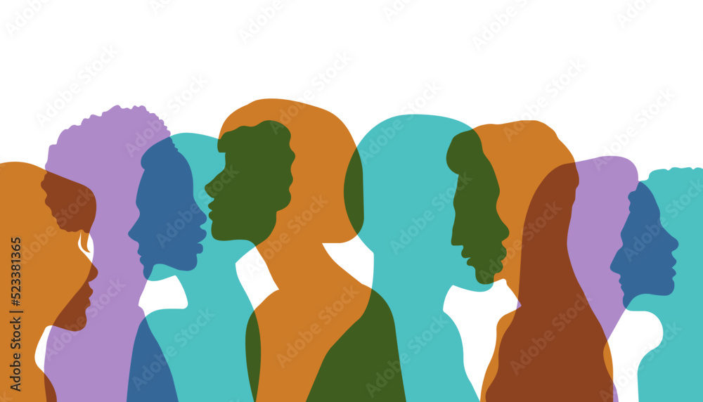 Vecteur Stock Collage Silhouette group of people profiles. Group side ...