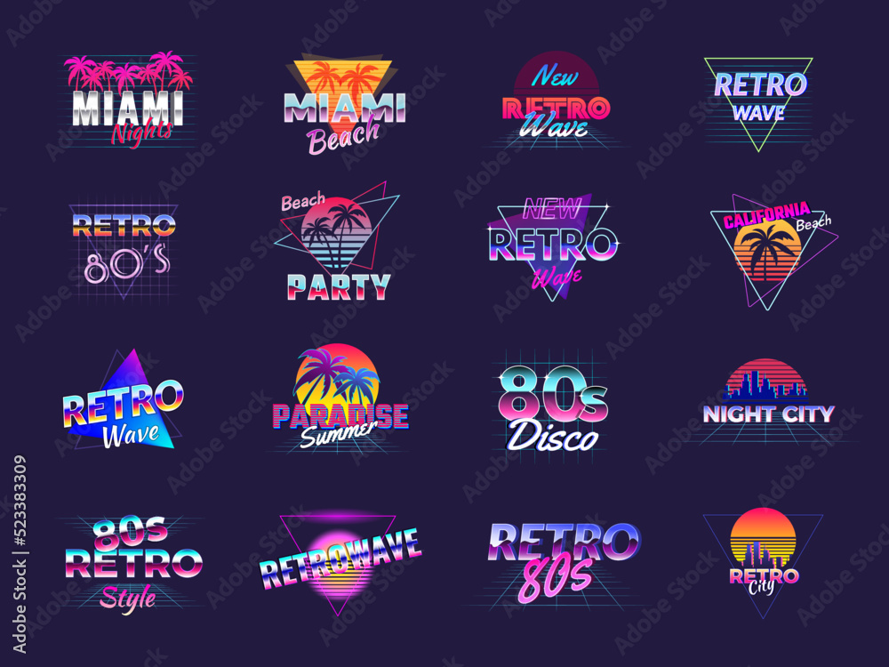 Retro badges. Stylized synth wave logo neon 1980s style cyberpunk ...