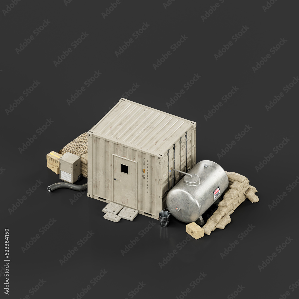 Isometric view Military storage shelter, military equipments and fuel ...