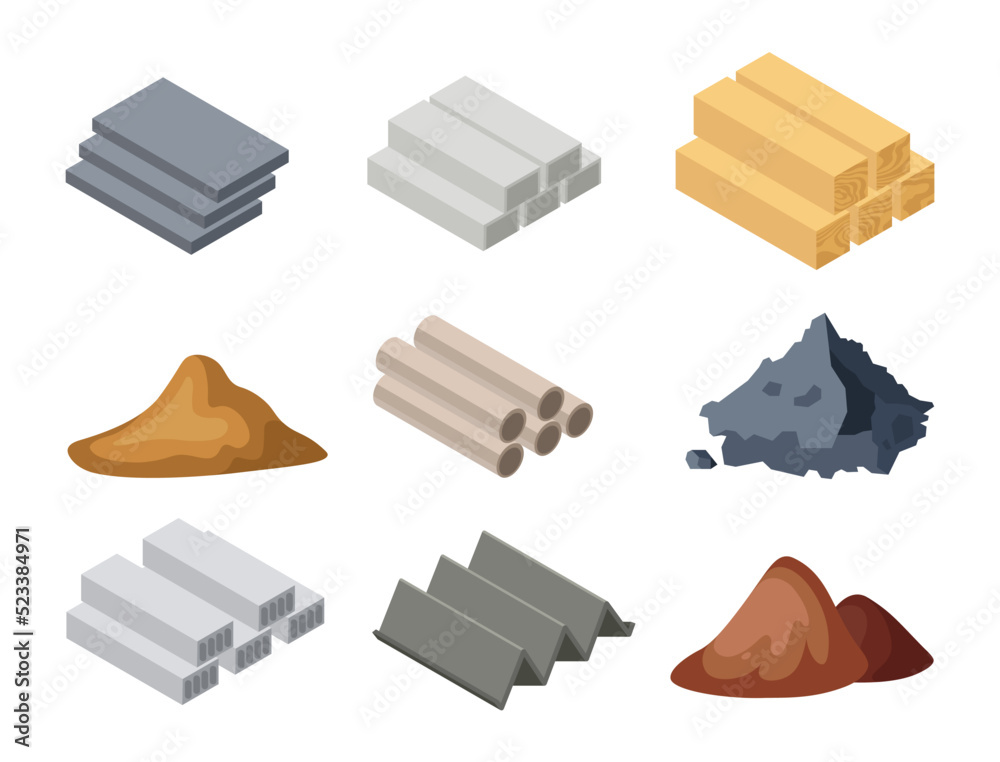 Set of building materials in cartoon style. Vector illustration of ...