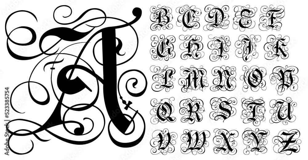 Classic Gothic font, beautiful capital letters for decoration and ...