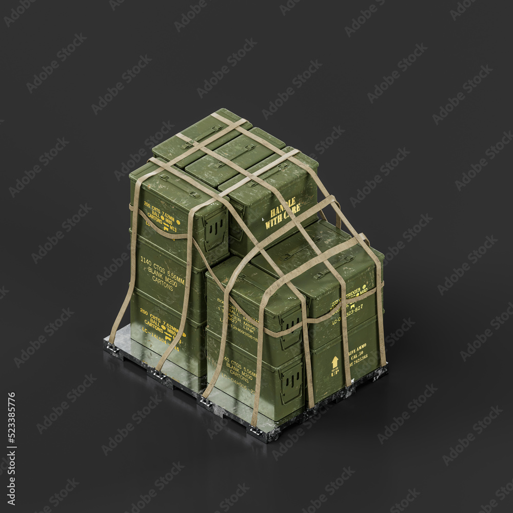Isometric view Military air cargo pile with cargo containers and ...