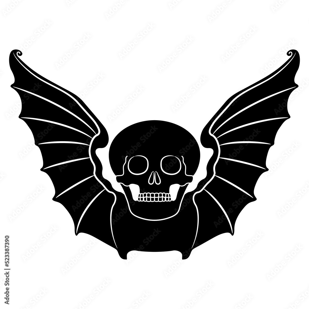 Winged skull. Human dead head with bat wings. Medieval death symbol ...