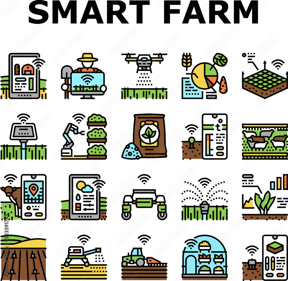 farm smart agriculture farmer icons set vector. technology digital ...