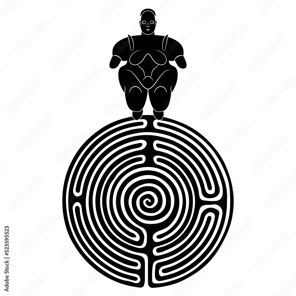 Great mother figurine on top of a round spiral maze or labyrinth symbol ...