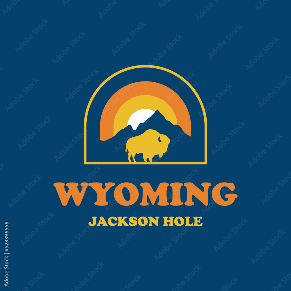 Retro vintage Wyoming badge with mountains and buffalo. Jackson Hole ...