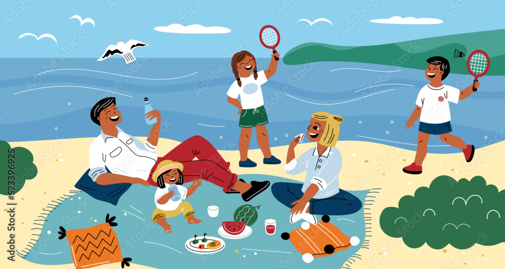 Vecteur Stock Sea picnic. Happy beautiful family eat and drink on sands ...