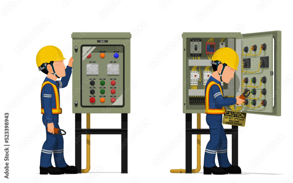 Industrial workers use clamp meter to measuring electric current in the ...