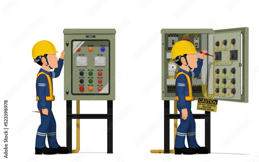 Industrial workers use screwdriver tester to measuring electric current ...