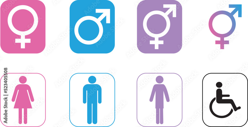 Gender identity symbols and restroom door signs. Male, female and ...