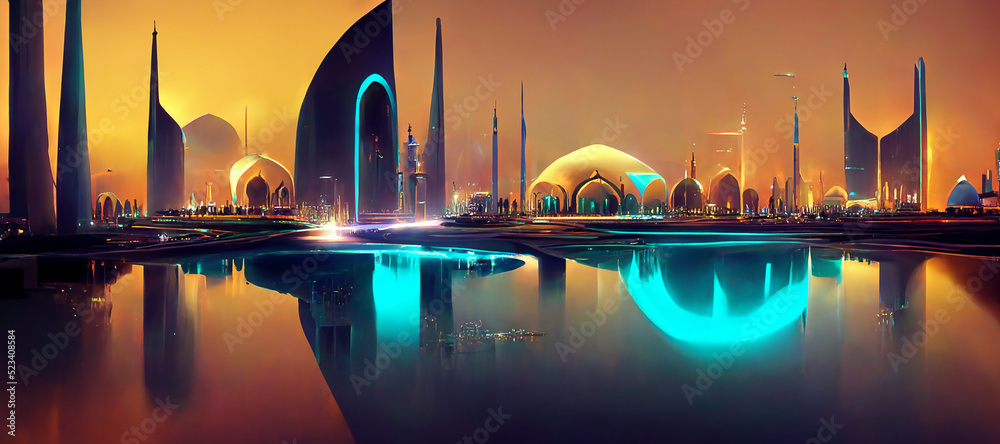 arabian city neom tron theme night vibrant Digital Art Illustration ...