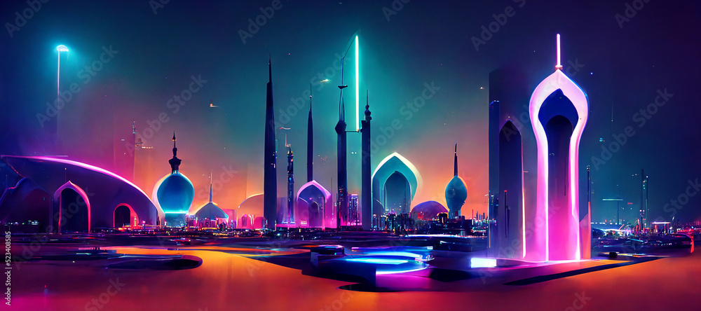 arabian city neom tron theme night vibrant Digital Art Illustration ...