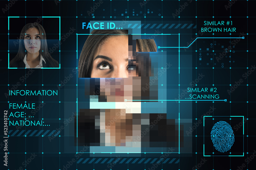 Abstract image of caucasian female face ID scanning. Digital scan and ...