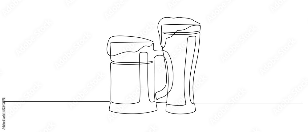 Continuous one line drawing of beer glass with foam. Craft drink ...