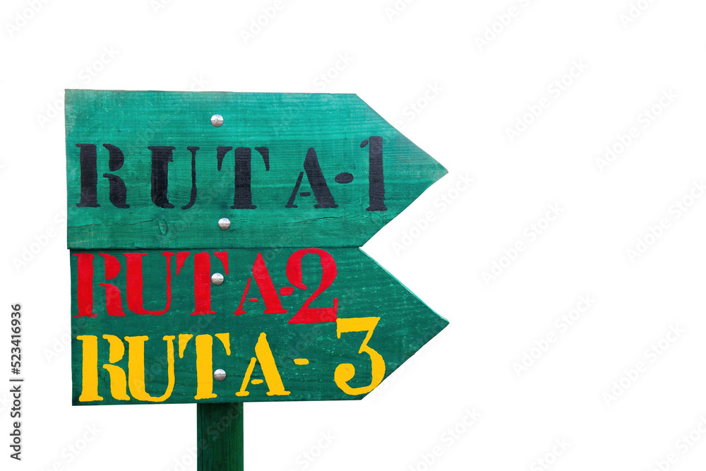 Signaling or arrows indicating routes, paths or directions, in wood ...