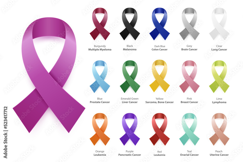 Cancer Ribbon. Vector Realistic 3d Awareness Ribbon Different Color Set ...