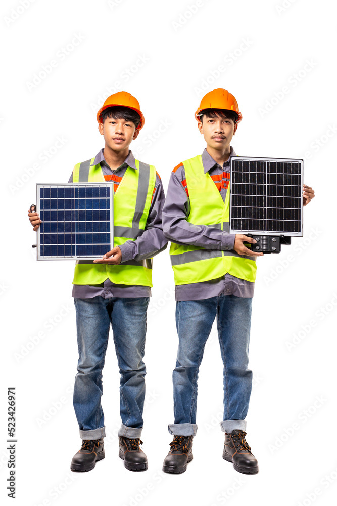 Full length portrait of two young Asian male engineers wearing vest and ...