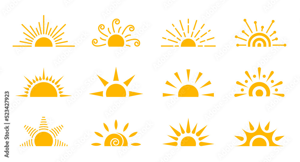 Half sun flat icon set. Logo sunrise sunset isolated on white. Various ...