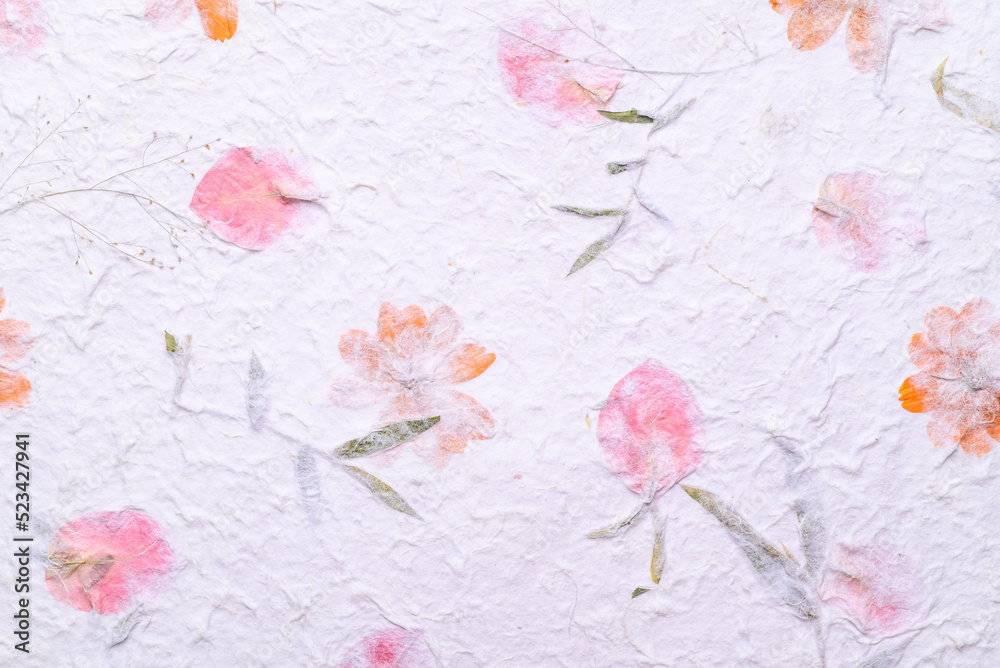 Mulberry paper sheet decorated with dry flower and leaf texture ...