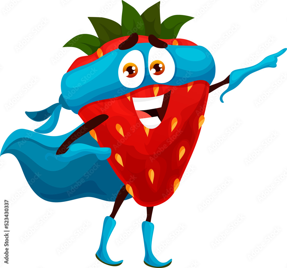 Cartoon strawberry superhero personage, fruit food Stock Illustration ...