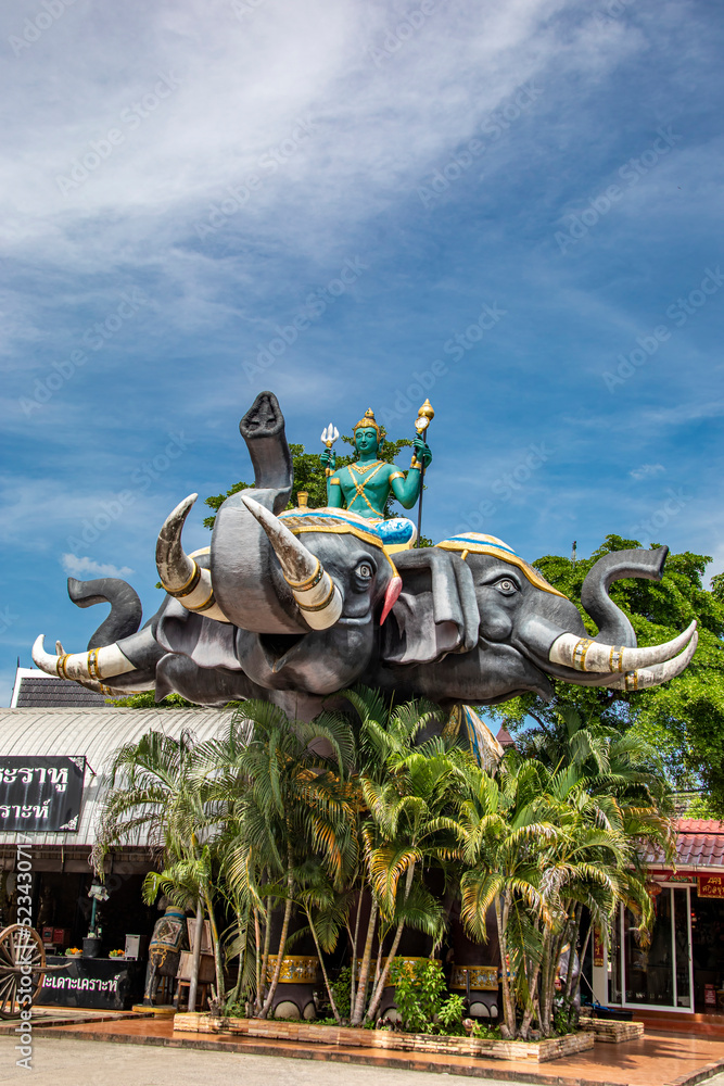 the statue of Erawan, a mythological elephant with three heads who ...
