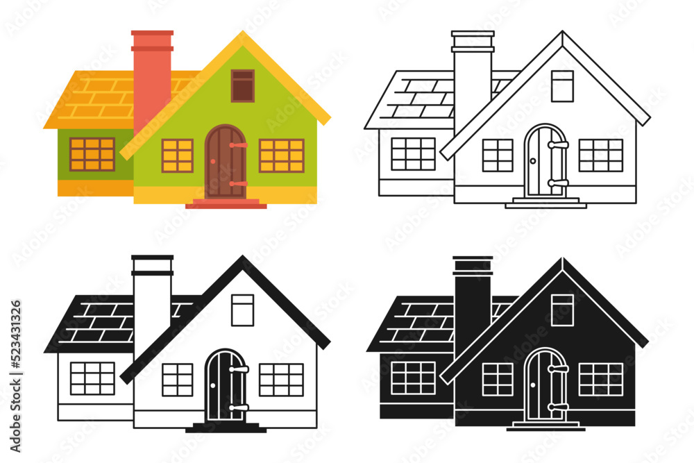 House front flat cartoon or engraved, ink stamp or linear doodle set ...