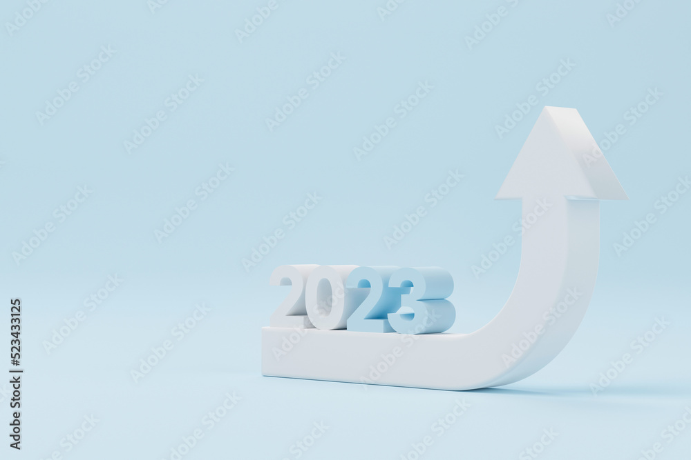 Arrow sign growth moving up and 2023 year calendar date on light blue ...
