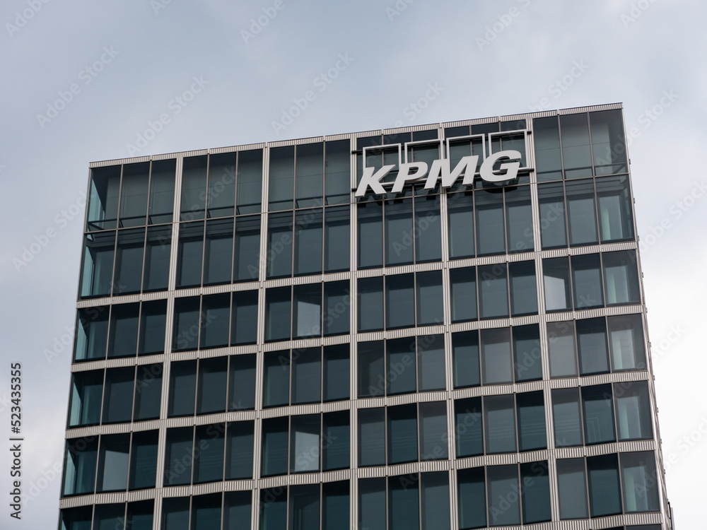 BERLIN, GERMANY - 25. July 2022: KPMG logo on a tall office building ...