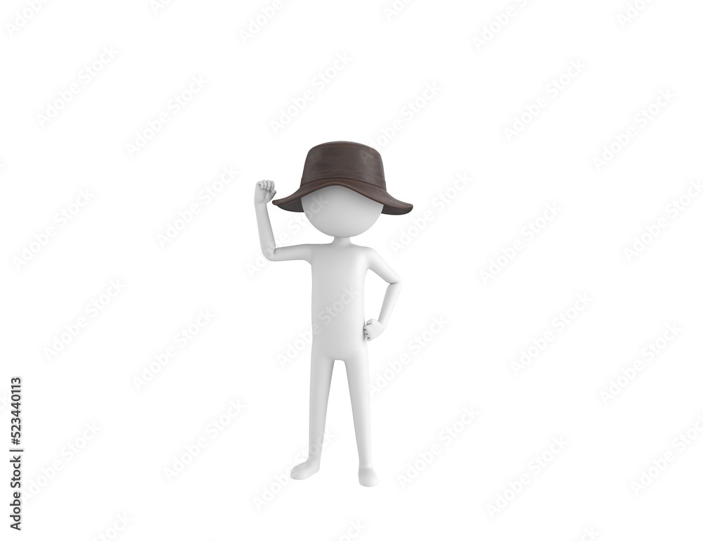 Stick Man Wear Leather Bucket Hat character raising right fist in 3d ...