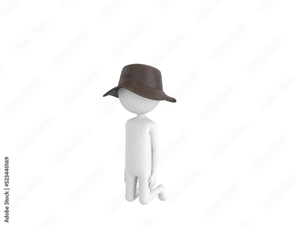 Stick Man Wear Leather Bucket Hat character kneeling in 3d rendering ...